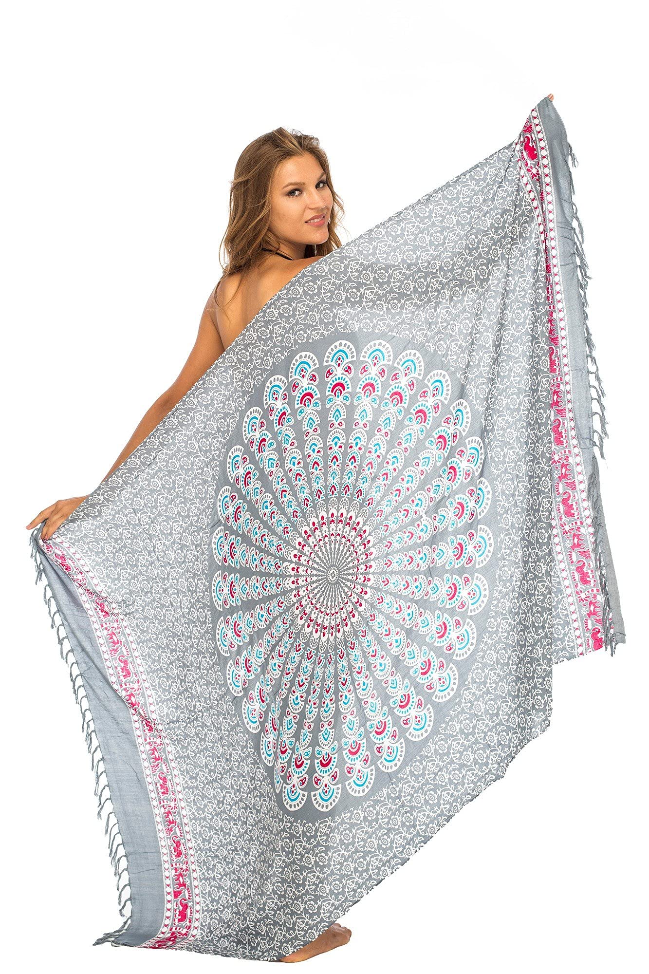 Back From Bali Womens Beach Swimsuit Bikini Cover Up Wrap and Clip Sarong Peacock Gaza Grey