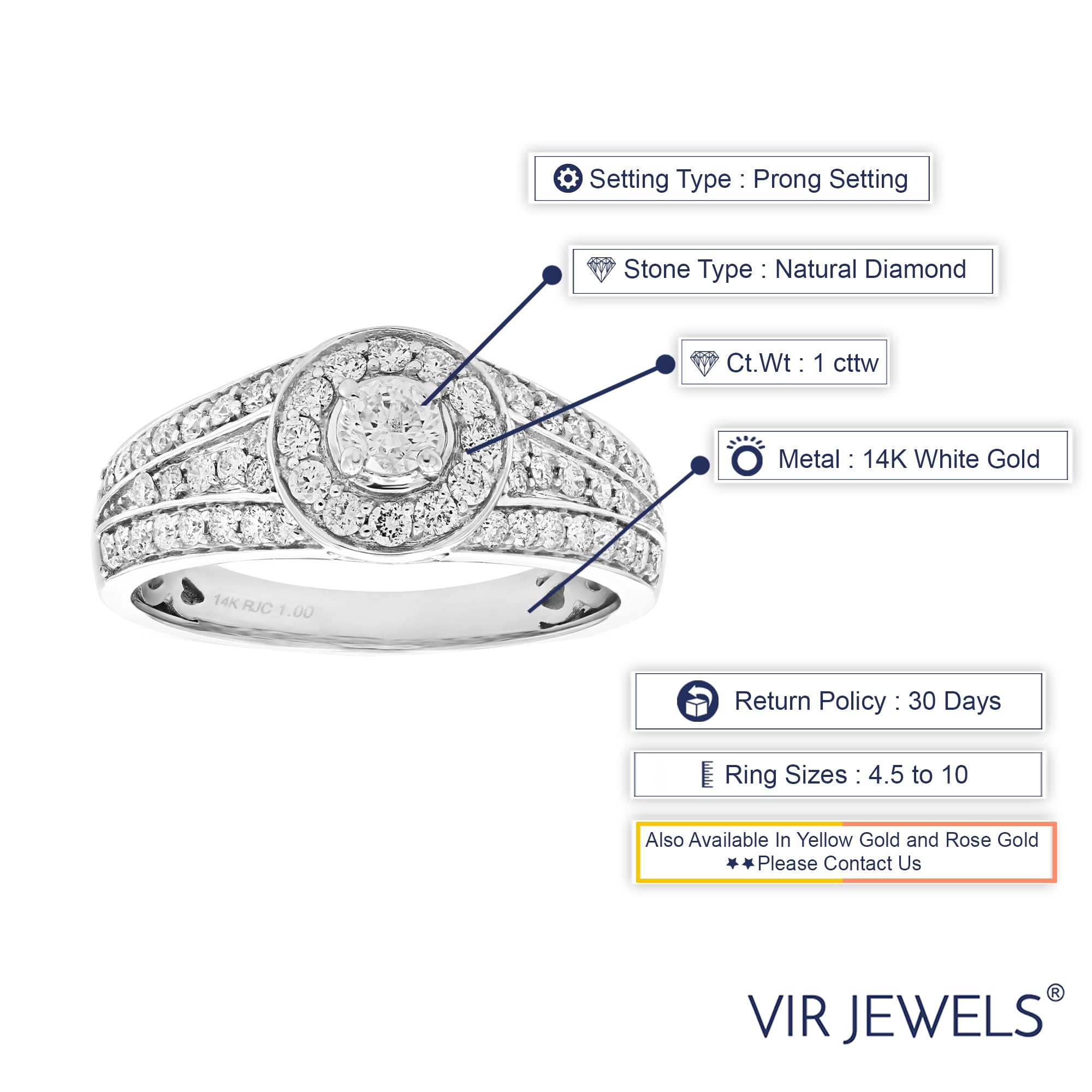 Vir Jewels 1 cttw Diamond Prong Set Wedding Engagement Ring Set 14K White Gold Multi Row Bridal Size 5.5