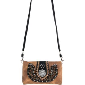 Justin West Concealed Carry Laser Cut Leather Floral Embroidery Rhinestone Berry Concho Studded Shoulder | Tote | Handbag Purse | Messenger Crossbody | Trifold Wallet (Brown Concho Purse Wallet Set)