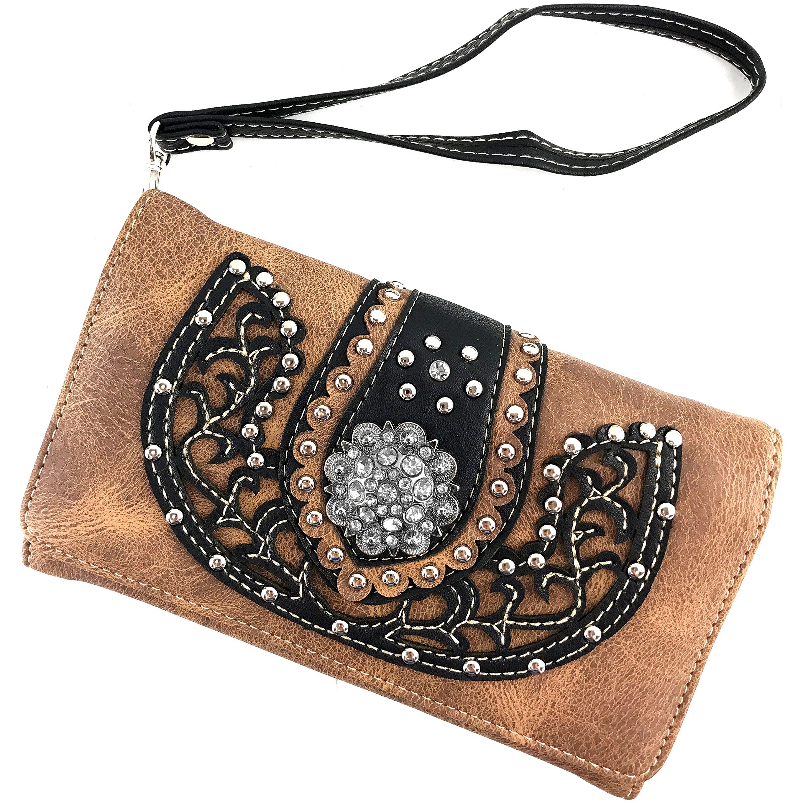 Justin West Concealed Carry Laser Cut Leather Floral Embroidery Rhinestone Berry Concho Studded Shoulder | Tote | Handbag Purse | Messenger Crossbody | Trifold Wallet (Brown Concho Purse Wallet Set)