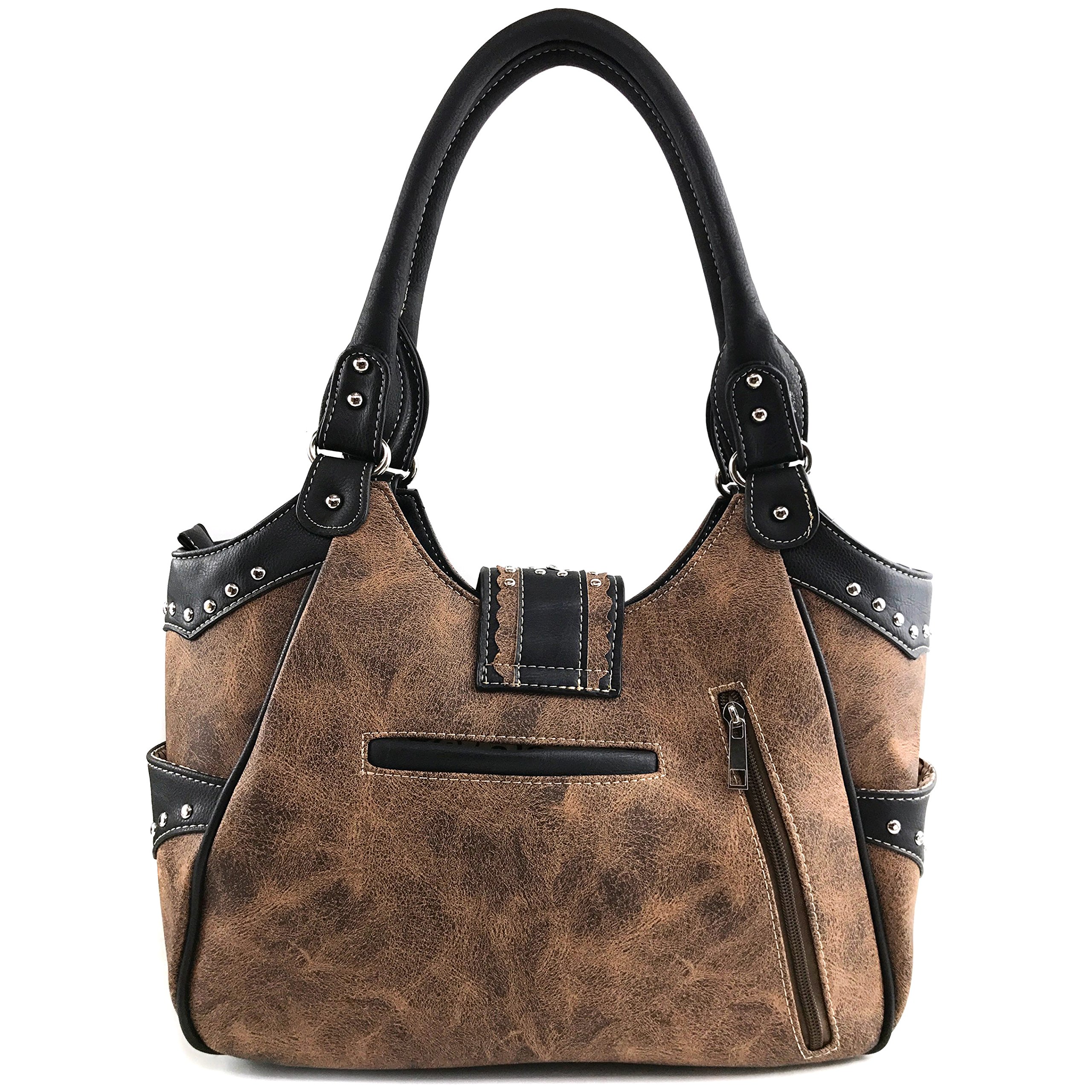 Justin West Concealed Carry Laser Cut Leather Floral Embroidery Rhinestone Berry Concho Studded Shoulder | Tote | Handbag Purse | Messenger Crossbody | Trifold Wallet (Brown Concho Purse Wallet Set)