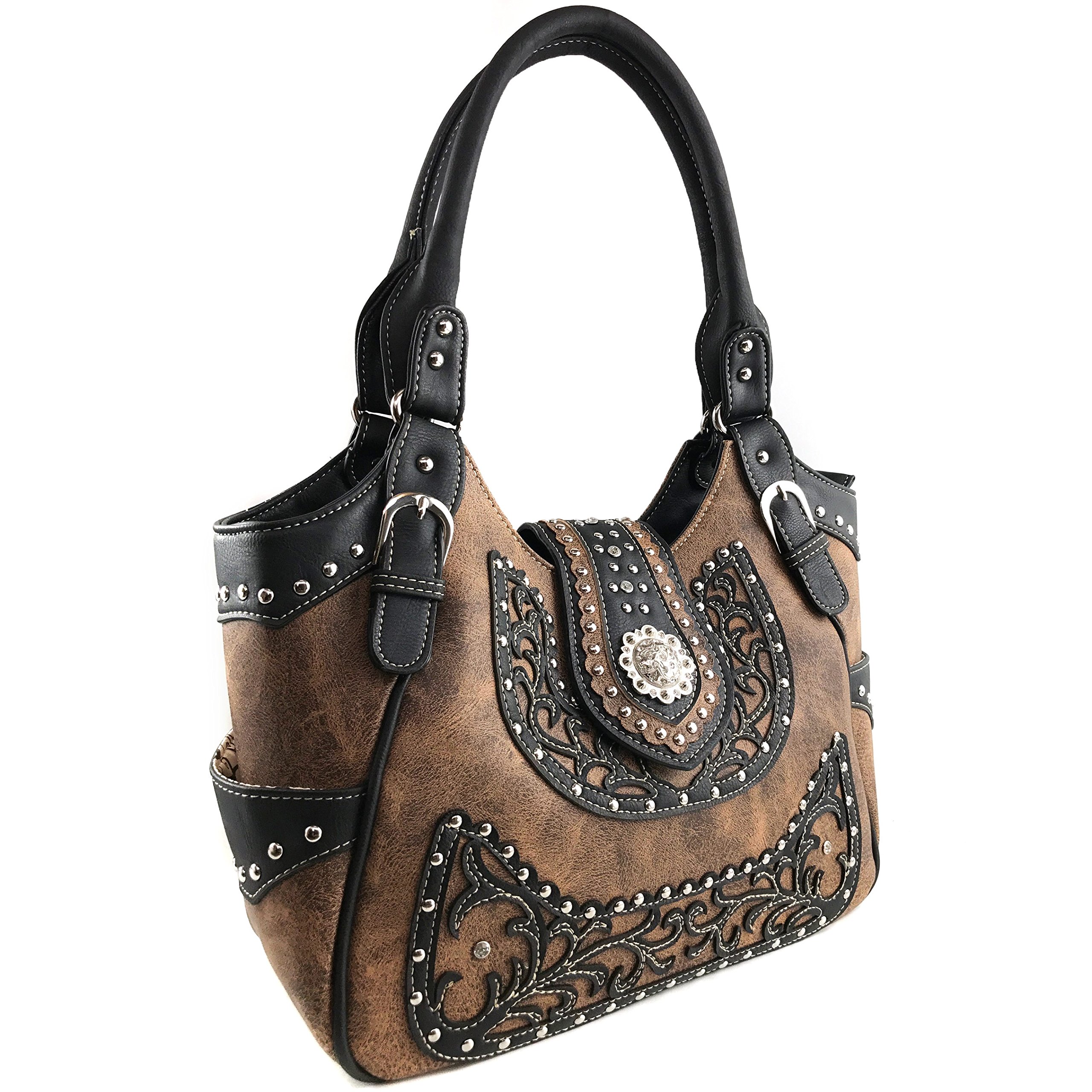 Justin West Concealed Carry Laser Cut Leather Floral Embroidery Rhinestone Berry Concho Studded Shoulder | Tote | Handbag Purse | Messenger Crossbody | Trifold Wallet (Brown Concho Purse Wallet Set)