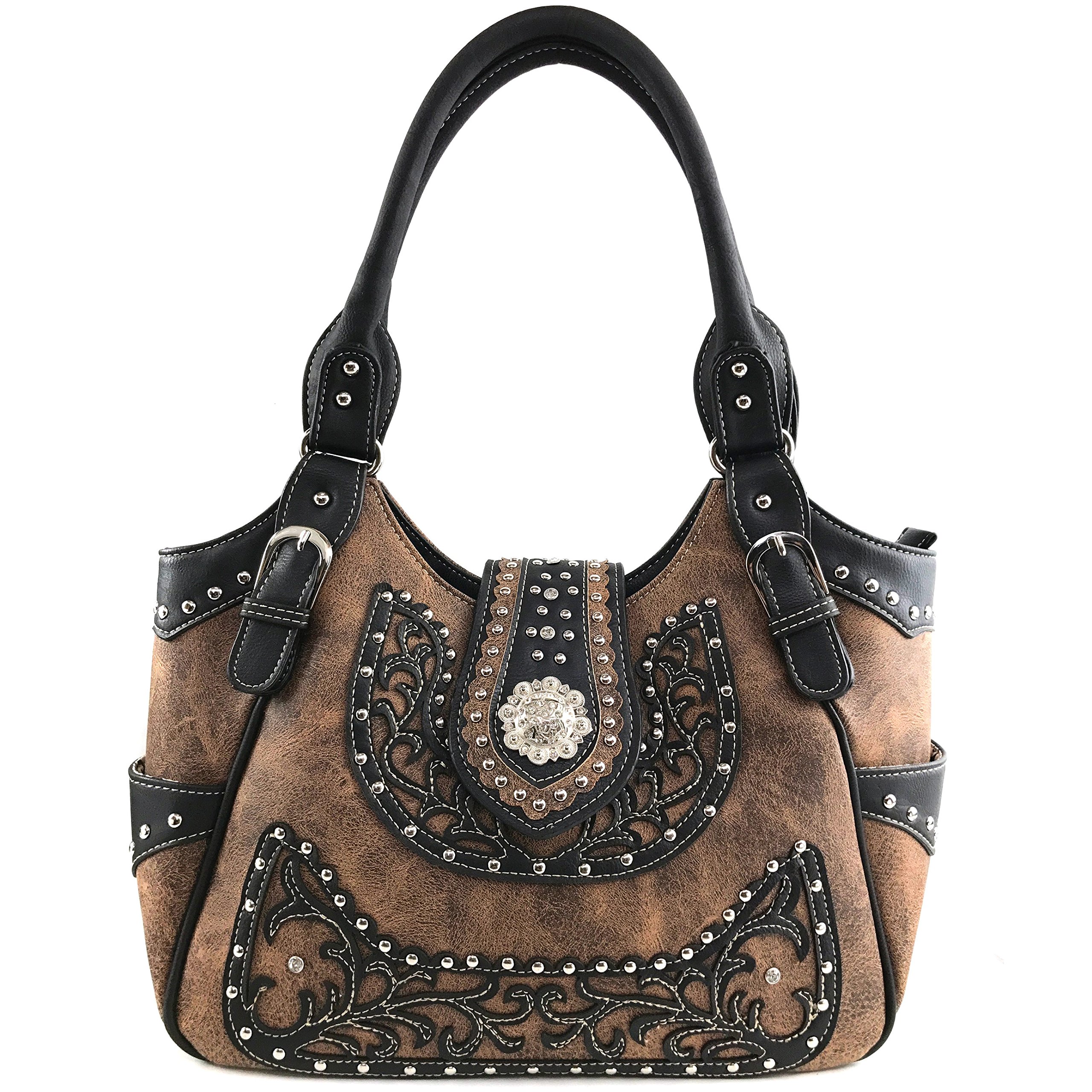 Justin West Concealed Carry Laser Cut Leather Floral Embroidery Rhinestone Berry Concho Studded Shoulder | Tote | Handbag Purse | Messenger Crossbody | Trifold Wallet (Brown Concho Purse Wallet Set)