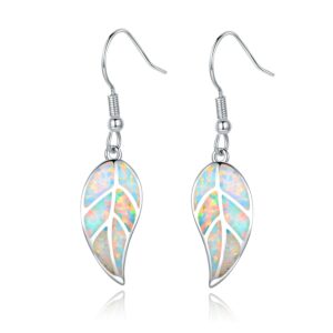 barzel white gold plated created white opal leaf drop earrings (silver white opal)