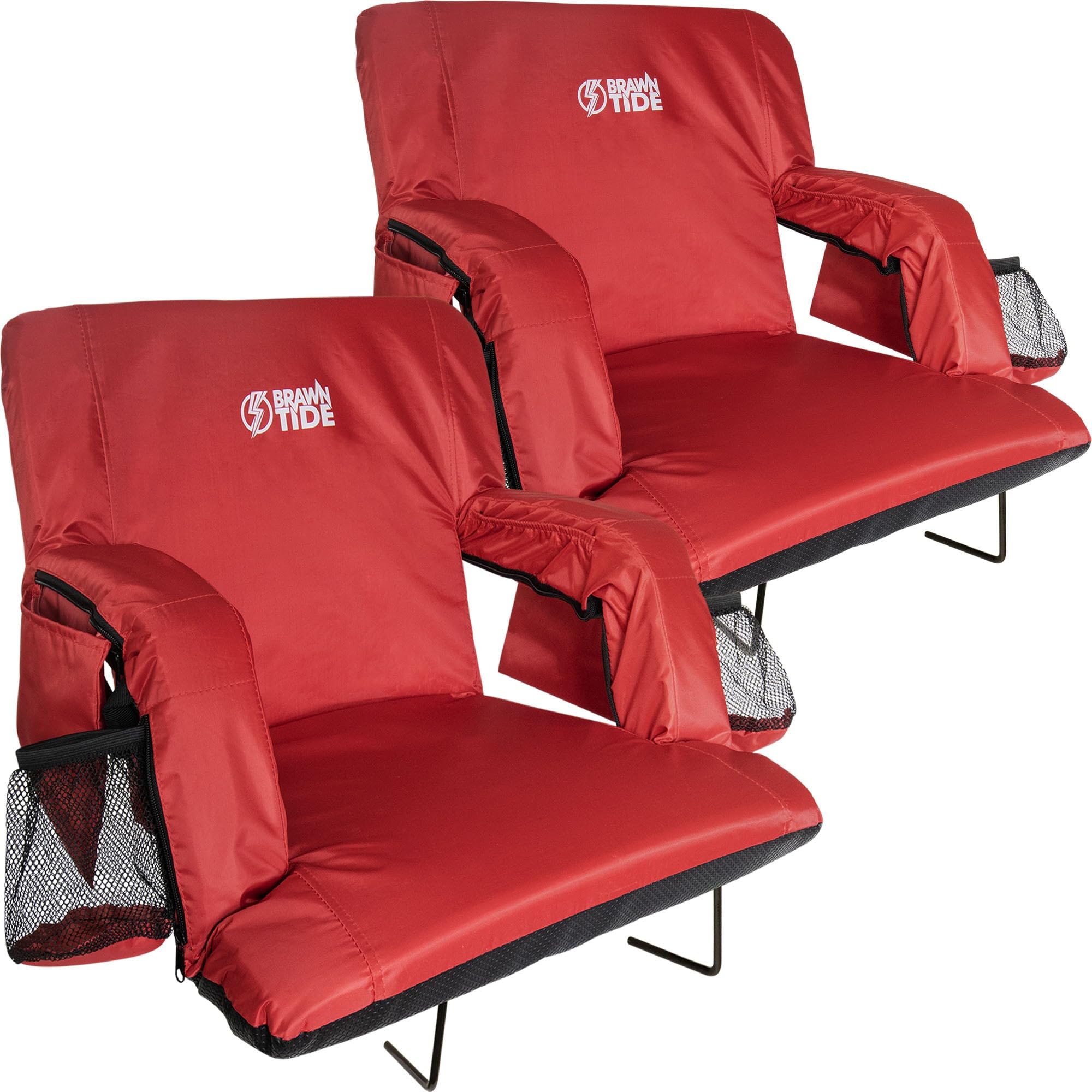 BRAWNTIDE Stadium Seat with Back Support - 2 Pack, Comfy Cushion, Thick Padding, 2 Steel Bleacher Hooks, 4 Pockets, Ideal Stadium Chair for Bleachers, Sporting Events (Red, Regular Size)