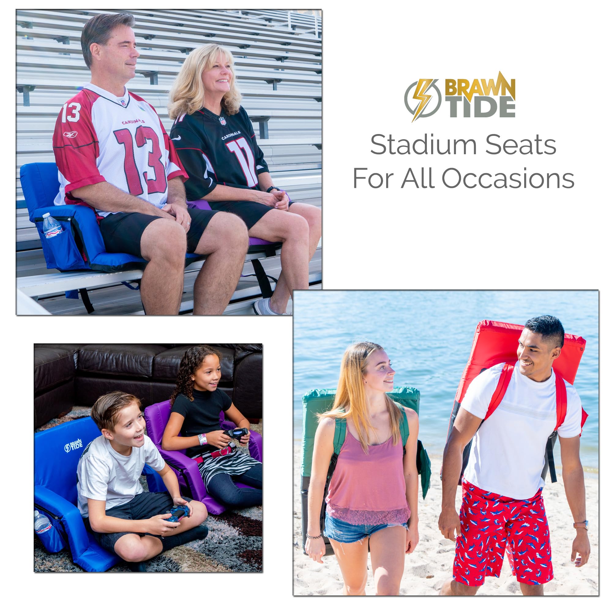 BRAWNTIDE Stadium Seat with Back Support - 2 Pack, Comfy Cushion, Thick Padding, 2 Steel Bleacher Hooks, 4 Pockets, Ideal Stadium Chair for Bleachers, Sporting Events (Red, Regular Size)