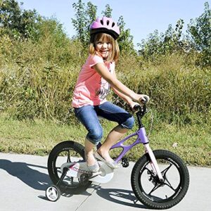 RoyalBaby Space Shuttle 18" Magnesium Alloy Kids Bike w/Dual Disc Brakes, Adjustable Handlebar & Seat, Training Wheels, & Kickstand, Purple