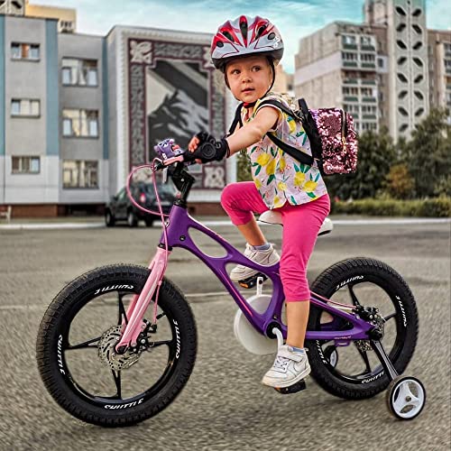 RoyalBaby Space Shuttle 18" Magnesium Alloy Kids Bike w/Dual Disc Brakes, Adjustable Handlebar & Seat, Training Wheels, & Kickstand, Purple