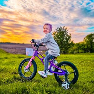 RoyalBaby Space Shuttle 18" Magnesium Alloy Kids Bike w/Dual Disc Brakes, Adjustable Handlebar & Seat, Training Wheels, & Kickstand, Purple