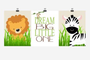 safari animals nursery art decor set of 3 - monkey, zebra and lion - dream big little one - gender neutral jungle baby - multiple sizes