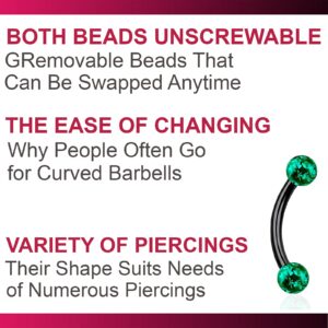 bodyjewellery 2pcs 16g Curved Barbell Eyebrow Ring Bar Stud Tragus Cartilage Lip Helix Conch Earrings Black Titanium G23 Labret B2ICK (Emerald)