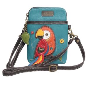 chala cell phone crossbody purse-women pu leather/canvas multicolor handbag with adjustable strap - red parrot - turquoise