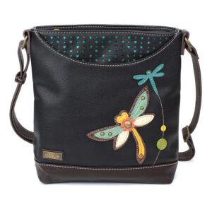 chala sweet messenger mid size shoulder purse with adjustable strap - dragonfly - black