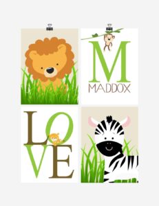 personalized safari love animals nursery art decor set of 4 - monkey, zebra, leopard and lion - gender neutral jungle baby - multiple sizes