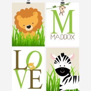 Personalized Safari Love Animals Nursery Art Decor Set of 4 - Monkey, Zebra, Leopard and Lion - Gender Neutral Jungle Baby - Multiple Sizes