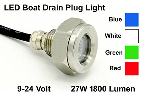 Tidal Wake IP68 Underwater 1/2in Standard Boat Drain Plug LED Light/Green Fish Attractor Light / 3 Yr/50,000hr Warranty, 316 Stainless Steel, 12-30v/27w,1800 lumen w/Storage Bag (Green)