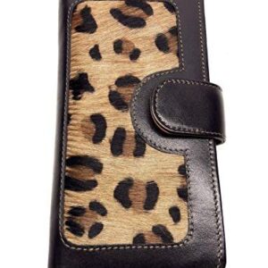 LW-1803 Black Leopard Ladies Wallet|10 card slots|1 card window|4 slide pockets|1 zip pocket | cowhide black leather & Cowhide Leopard