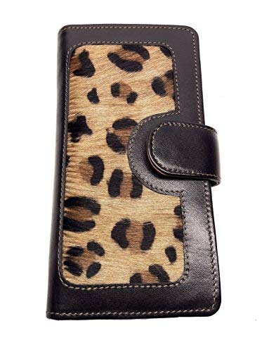 LW-1803 Black Leopard Ladies Wallet|10 card slots|1 card window|4 slide pockets|1 zip pocket | cowhide black leather & Cowhide Leopard