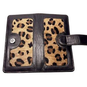 LW-1803 Black Leopard Ladies Wallet|10 card slots|1 card window|4 slide pockets|1 zip pocket | cowhide black leather & Cowhide Leopard