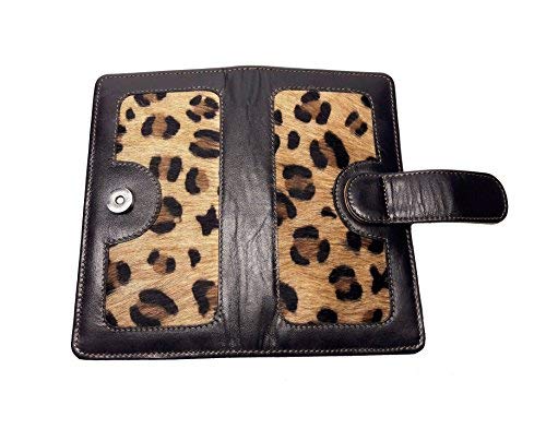 LW-1803 Black Leopard Ladies Wallet|10 card slots|1 card window|4 slide pockets|1 zip pocket | cowhide black leather & Cowhide Leopard