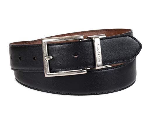 Tommy Hilfiger Men's Reversible Leather Belt - Casual for Mens Jeans with Double Sided Strap and Silver Buckle , cognac/black, 34