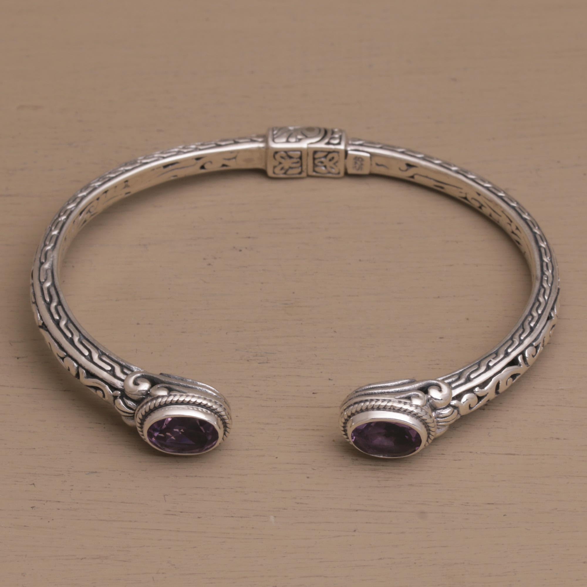 NOVICA Artisan Handmade Amethyst Cuff Bracelet Modern Balinese 925 Silver Sterling Purple Indonesia Birthstone [5.5 in L (end to End) x 0.4 in W] ' Magical Attraction'