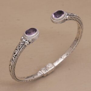 NOVICA Artisan Handmade Amethyst Cuff Bracelet Modern Balinese 925 Silver Sterling Purple Indonesia Birthstone [5.5 in L (end to End) x 0.4 in W] ' Magical Attraction'