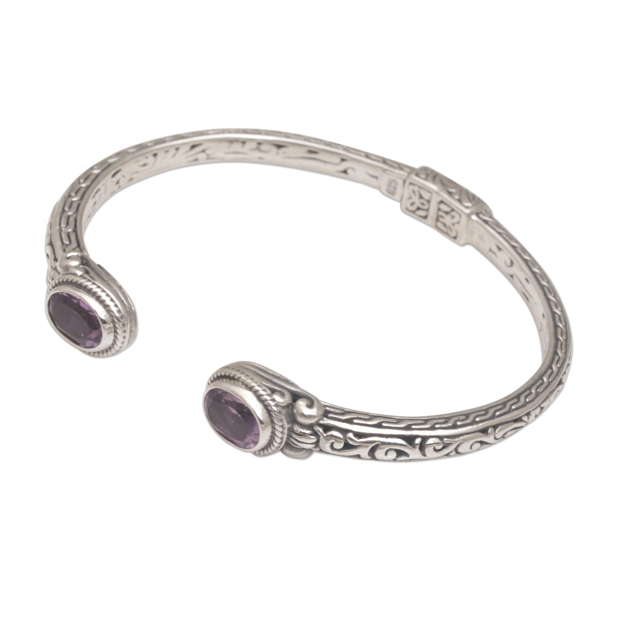 NOVICA Artisan Handmade Amethyst Cuff Bracelet Modern Balinese 925 Silver Sterling Purple Indonesia Birthstone [5.5 in L (end to End) x 0.4 in W] ' Magical Attraction'