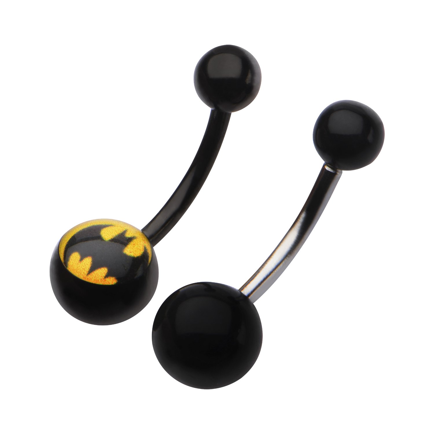 DC Comics Unisex Batman 316L Surgical Steel Navel Rings Body Piercing Jewelry-14 Gauge 7/16" (2 Piece Set). Available in One Size and Silver, Black, and Yellow color.