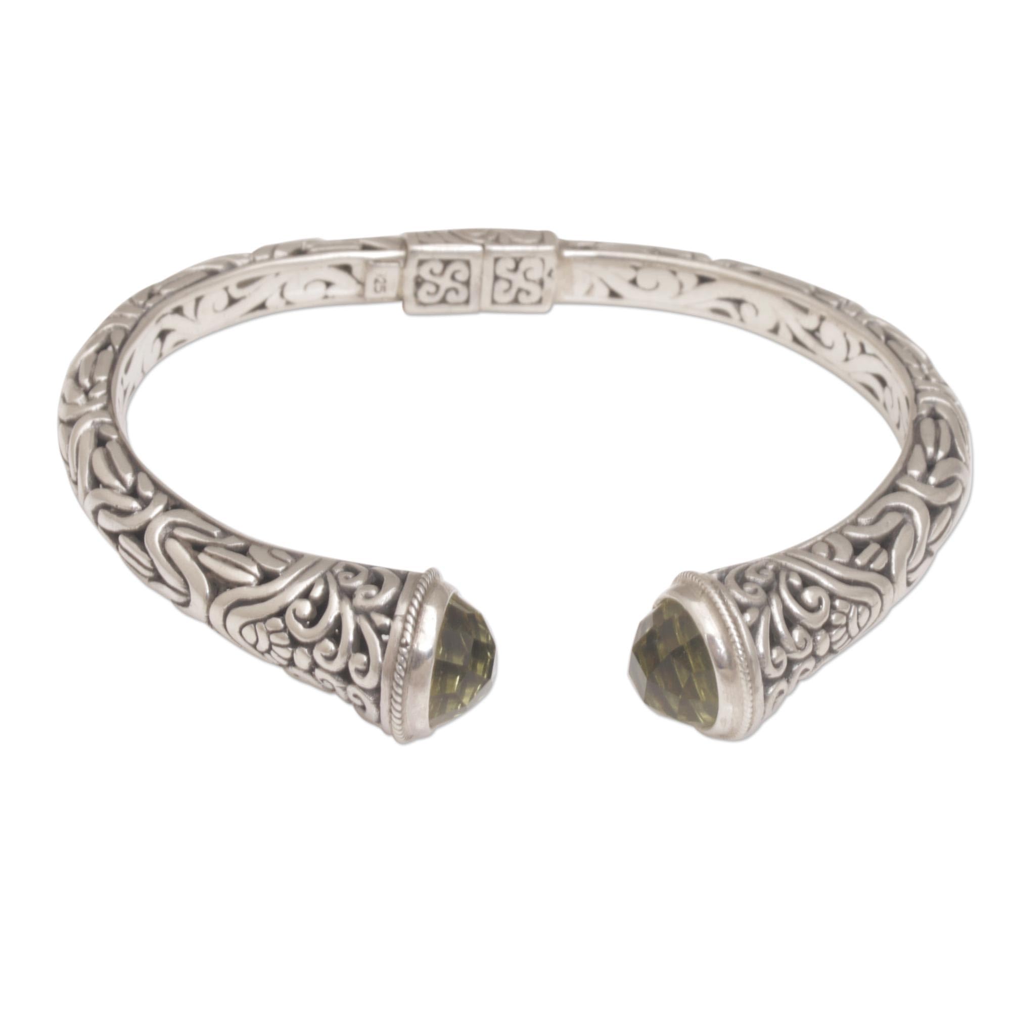 NOVICA Artisan Handmade Prasiolite Cuff Bracelet Balinese Style Hinged 925 Silver Sterling Green Indonesia [6.25 in L (end to End) x 0.5 in W] ' Our Two Souls'