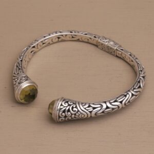 NOVICA Artisan Handmade Prasiolite Cuff Bracelet Balinese Style Hinged 925 Silver Sterling Green Indonesia [6.25 in L (end to End) x 0.5 in W] ' Our Two Souls'