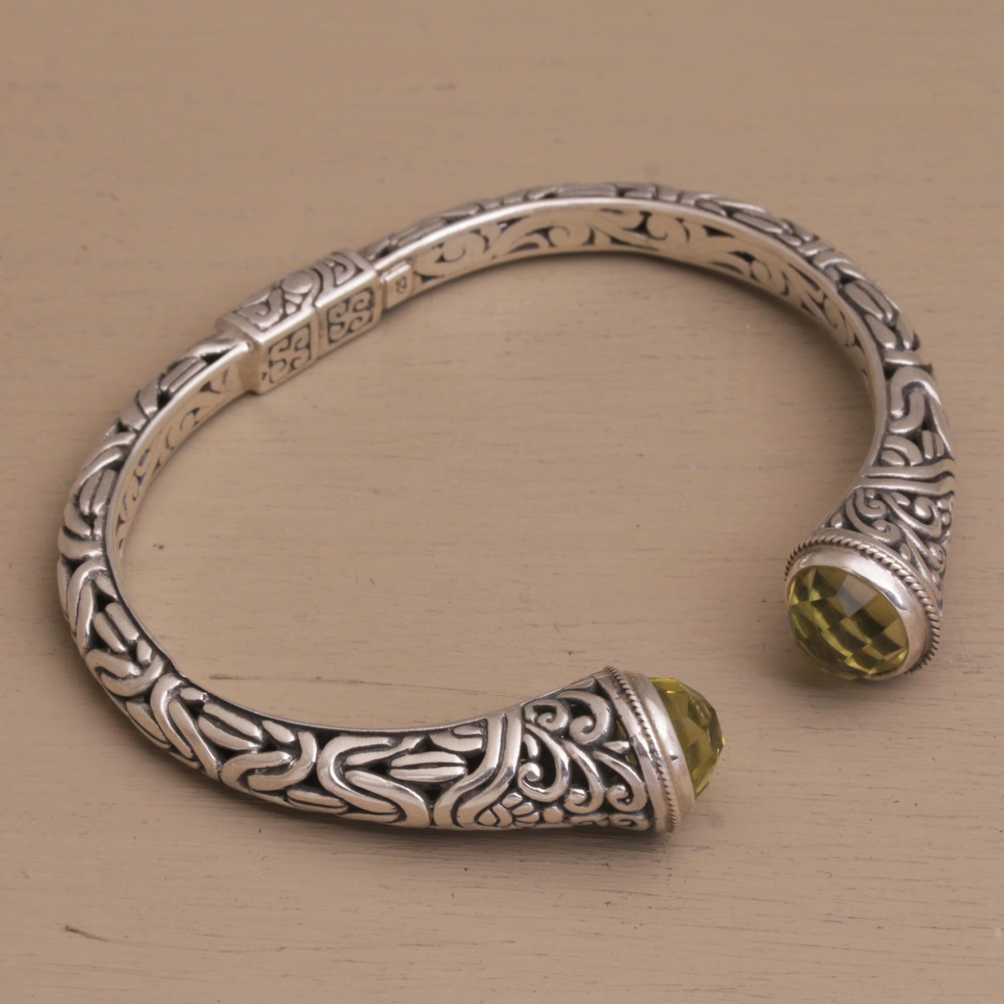 NOVICA Artisan Handmade Prasiolite Cuff Bracelet Balinese Style Hinged 925 Silver Sterling Green Indonesia [6.25 in L (end to End) x 0.5 in W] ' Our Two Souls'