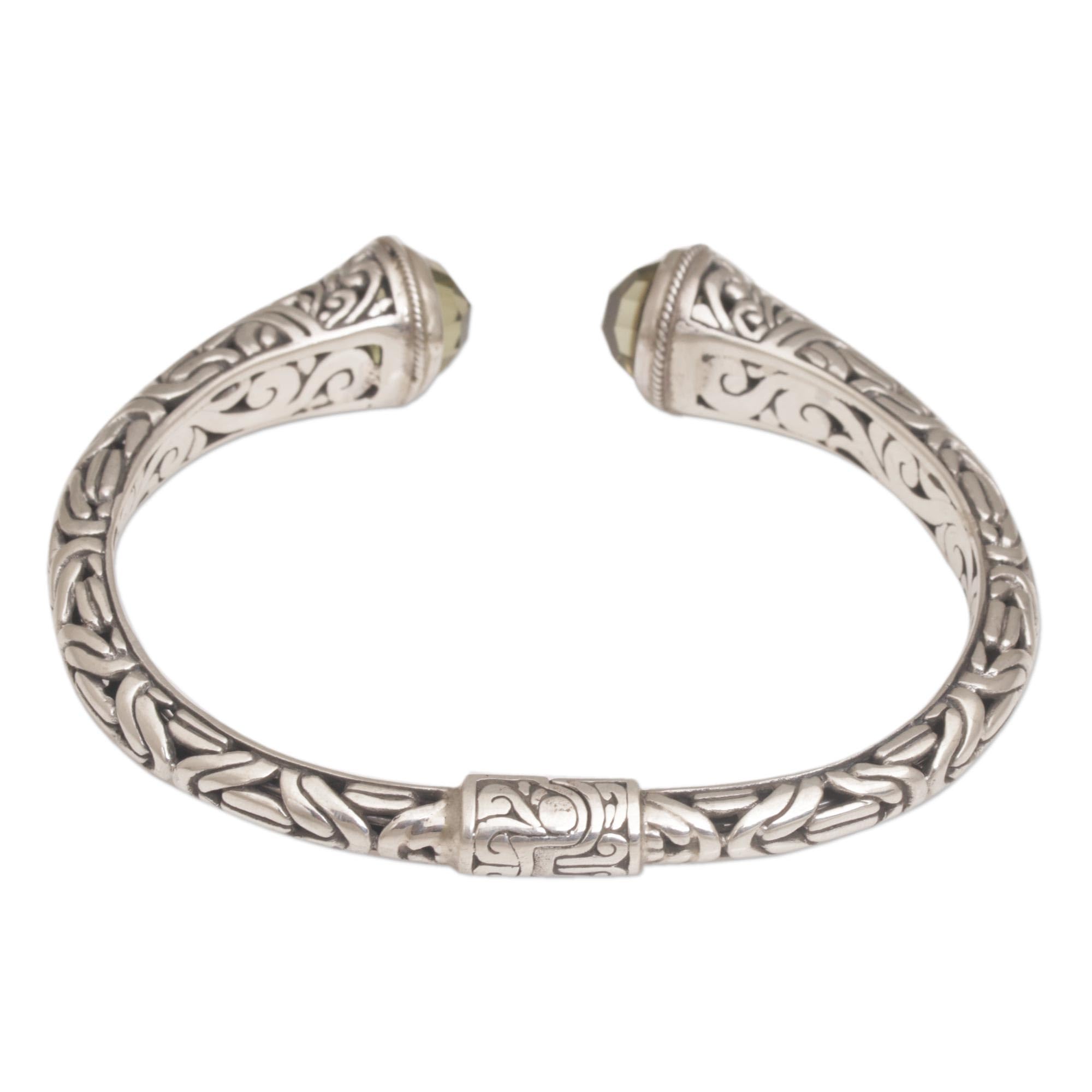 NOVICA Artisan Handmade Prasiolite Cuff Bracelet Balinese Style Hinged 925 Silver Sterling Green Indonesia [6.25 in L (end to End) x 0.5 in W] ' Our Two Souls'