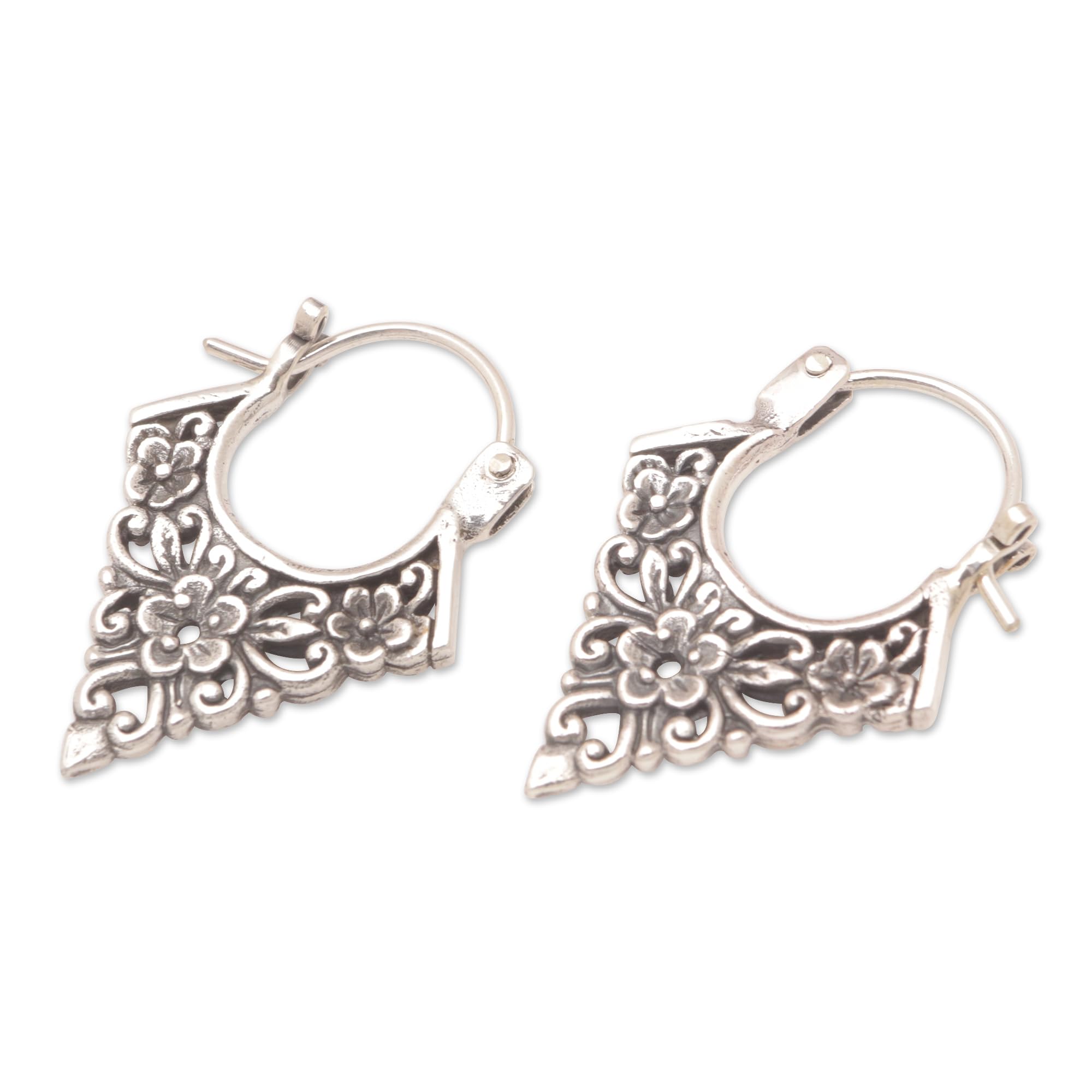 NOVICA Artisan Handmade .925 Sterling Silver Hoop Earrings | Floral Dangle Earrings | Jewelry Dangle Earring | Silver Traditional Earrings | Wirl Earrings For Women | French Wire Earrings