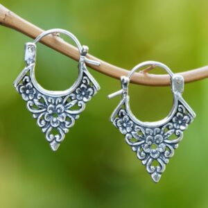 NOVICA Artisan Handmade .925 Sterling Silver Hoop Earrings | Floral Dangle Earrings | Jewelry Dangle Earring | Silver Traditional Earrings | Wirl Earrings For Women | French Wire Earrings