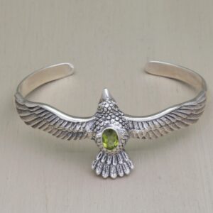 NOVICA Artisan Handmade Peridot Cuff Bracelet Hawk Motif in Sterling Silver Green Indonesia Animal Themed Birthstone Bird [5.75 in L (end to End) x 1.2 in W] ' Spirit Hawk'