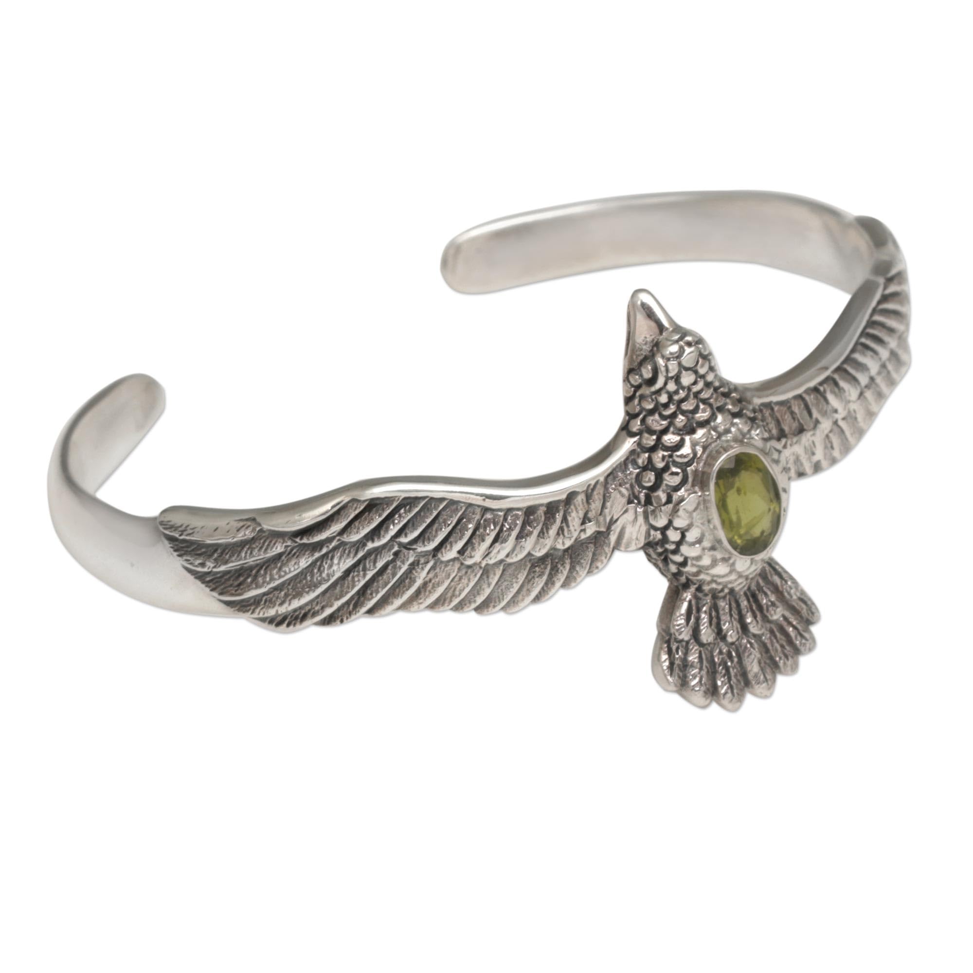 NOVICA Artisan Handmade Peridot Cuff Bracelet Hawk Motif in Sterling Silver Green Indonesia Animal Themed Birthstone Bird [5.75 in L (end to End) x 1.2 in W] ' Spirit Hawk'