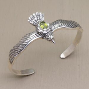 NOVICA Artisan Handmade Peridot Cuff Bracelet Hawk Motif in Sterling Silver Green Indonesia Animal Themed Birthstone Bird [5.75 in L (end to End) x 1.2 in W] ' Spirit Hawk'