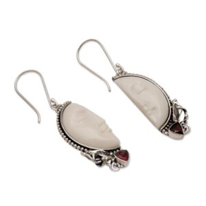 NOVICA Artisan Handmade Bone Dangle Earrings | Garnet Dangle Earrings | .925 Sterling Silver Dangle Earrings | Crystal French Wire Dangle Earrings | Silver Crescent Moon Dangle Earrings | Half of My