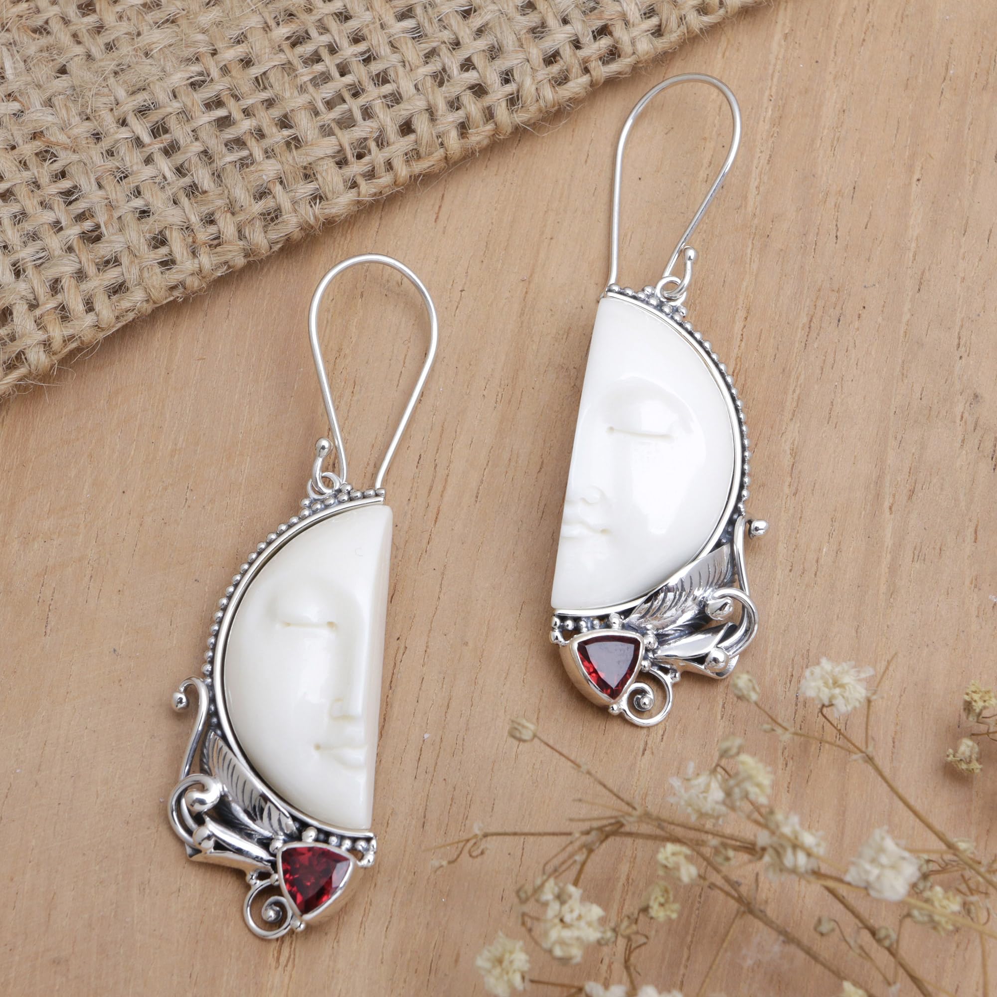 NOVICA Artisan Handmade Bone Dangle Earrings | Garnet Dangle Earrings | .925 Sterling Silver Dangle Earrings | Crystal French Wire Dangle Earrings | Silver Crescent Moon Dangle Earrings | Half of My