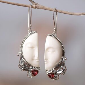 NOVICA Artisan Handmade Bone Dangle Earrings | Garnet Dangle Earrings | .925 Sterling Silver Dangle Earrings | Crystal French Wire Dangle Earrings | Silver Crescent Moon Dangle Earrings | Half of My