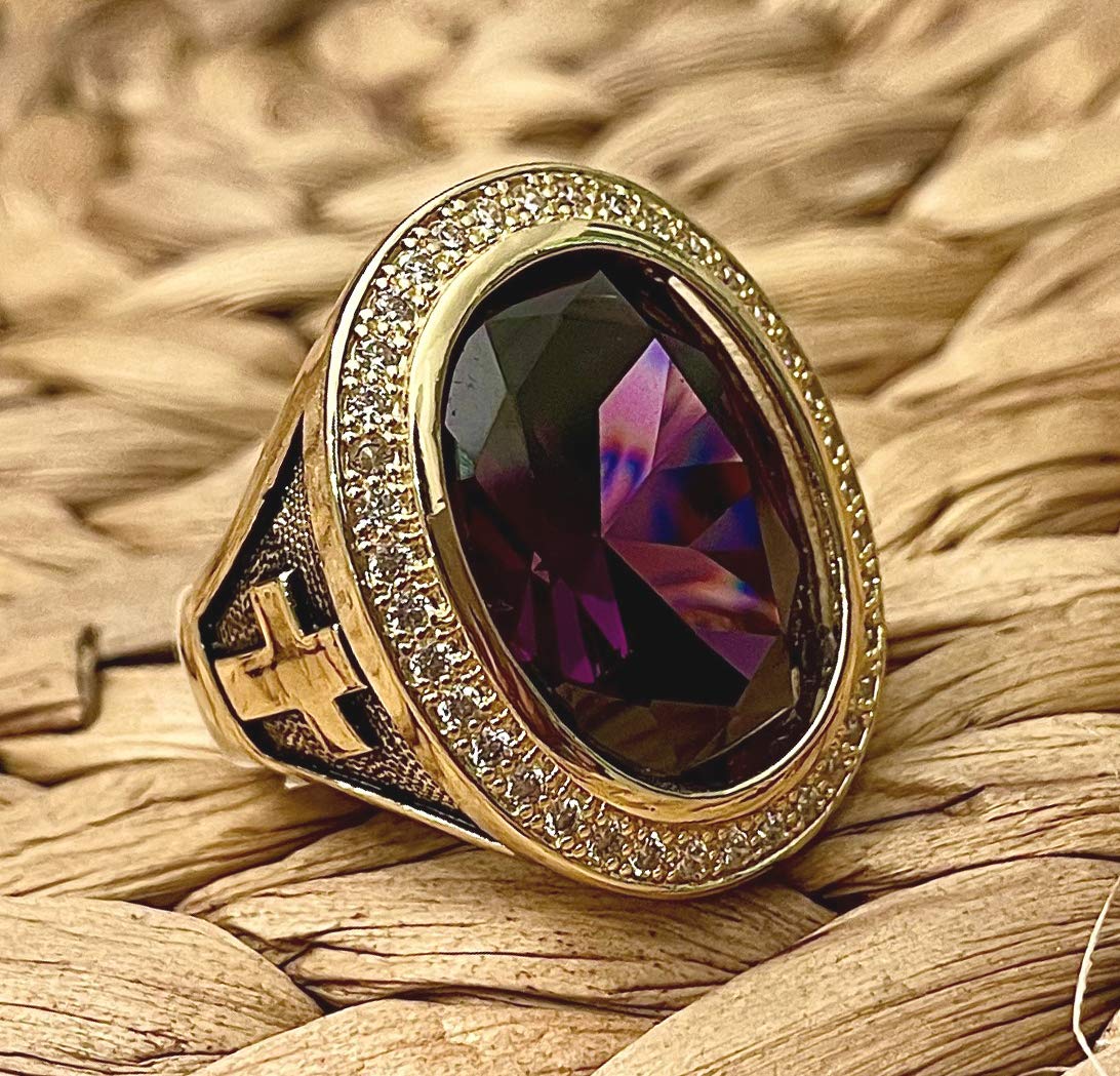 HKN1682 Designs Purple Amethyst Cubic Zirconia 14k Gold Plated Bishop Cross and Midre Ring (10)