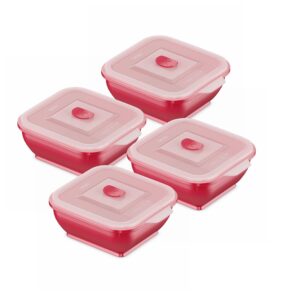 collapse-it silicone food storage containers - bpa free airtight silicone lids collapsible lunch box containers - oven, microwave, & freezer safe (red square (4) 4-cup set)