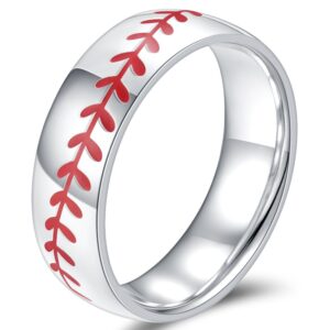 jude jewelers 8mm stainless steel sports baseball ring domed style simple plain wedding band (silver-red, 8)