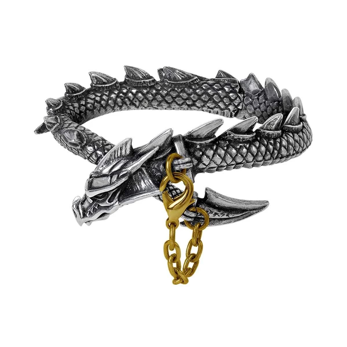 Alchemy Gothic Antique Decorative Polished Spined Dragons Lure Bangle with Brass Chain