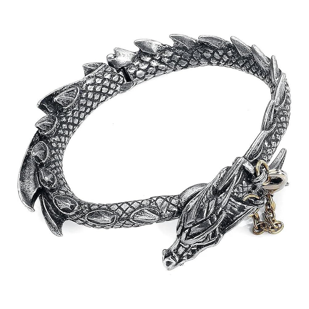 Alchemy Gothic Antique Decorative Polished Spined Dragons Lure Bangle with Brass Chain