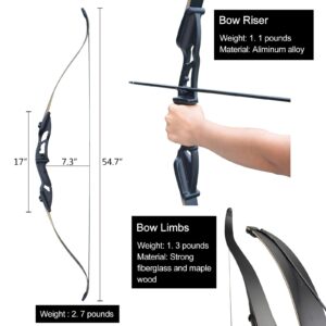 D&Q Bow and Arrow for Adults Takedown Recurve Bows Hunting Bow Archery Set Adult Longbows Kit 56" 30-50lb Right Hand Bow Aluminum Alloy Riser for Beginner and Professional Hunting Shooting（Black,50lb