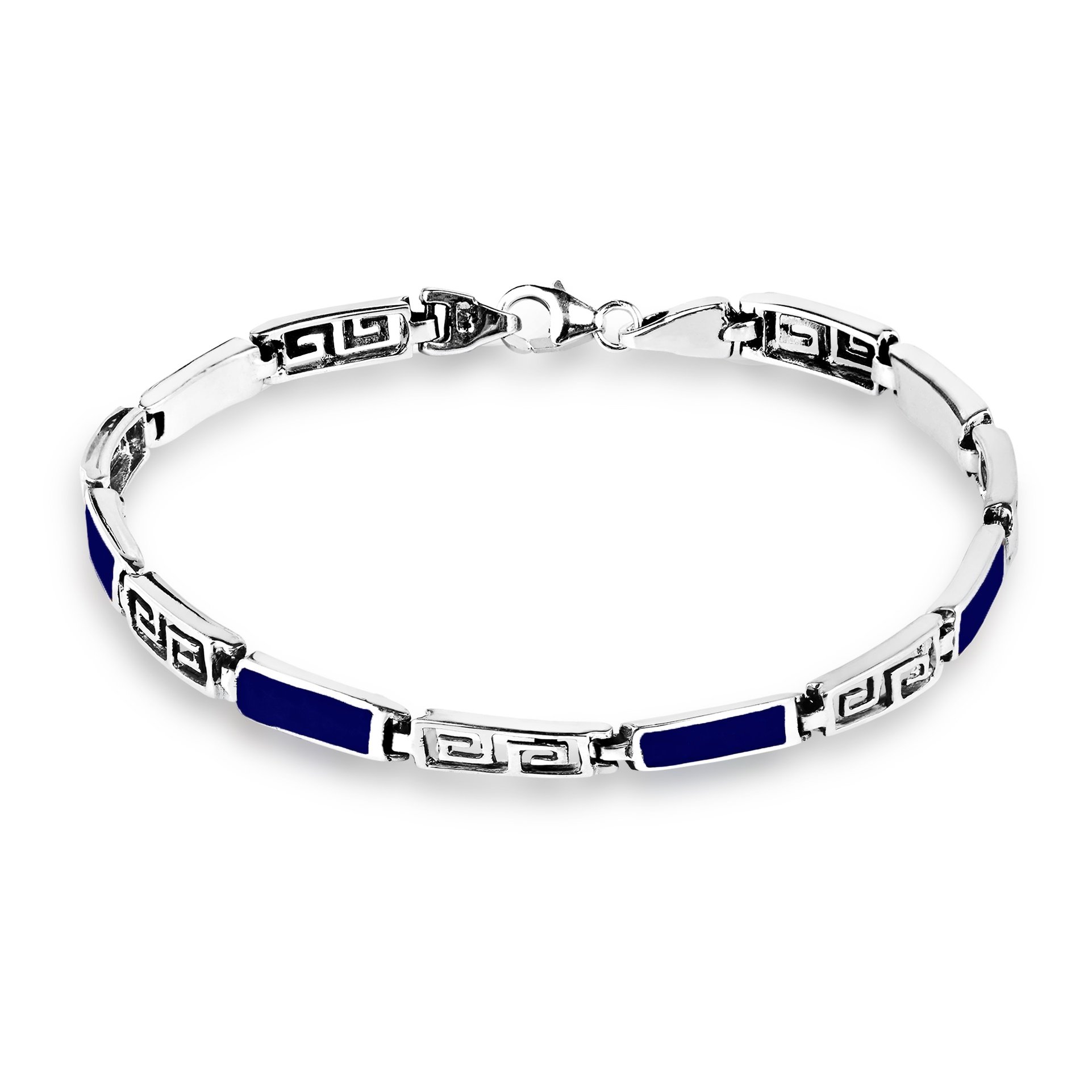 AeraVida Greek Key Labyrinth Simulated Blue Lapis-Lazuli Inlay .925 Sterling Silver Link Bracelet