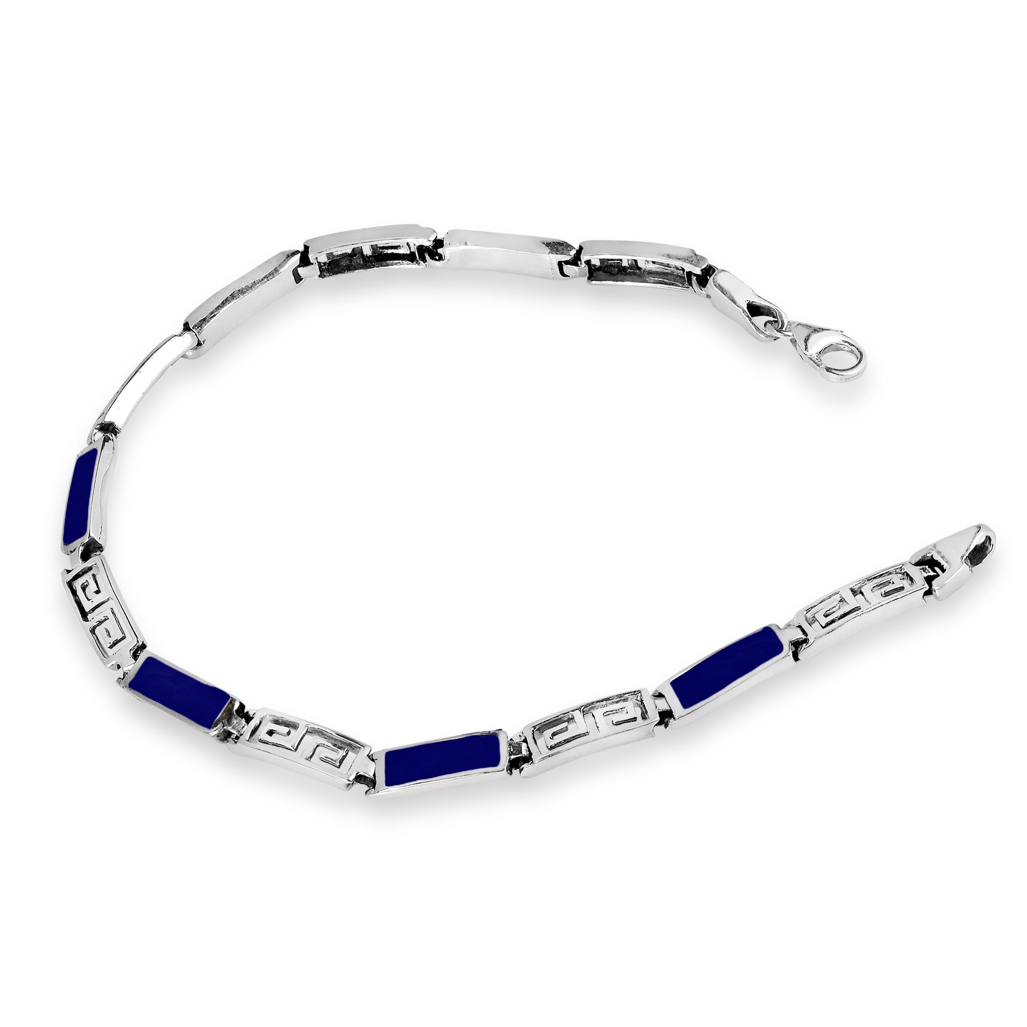 AeraVida Greek Key Labyrinth Simulated Blue Lapis-Lazuli Inlay .925 Sterling Silver Link Bracelet