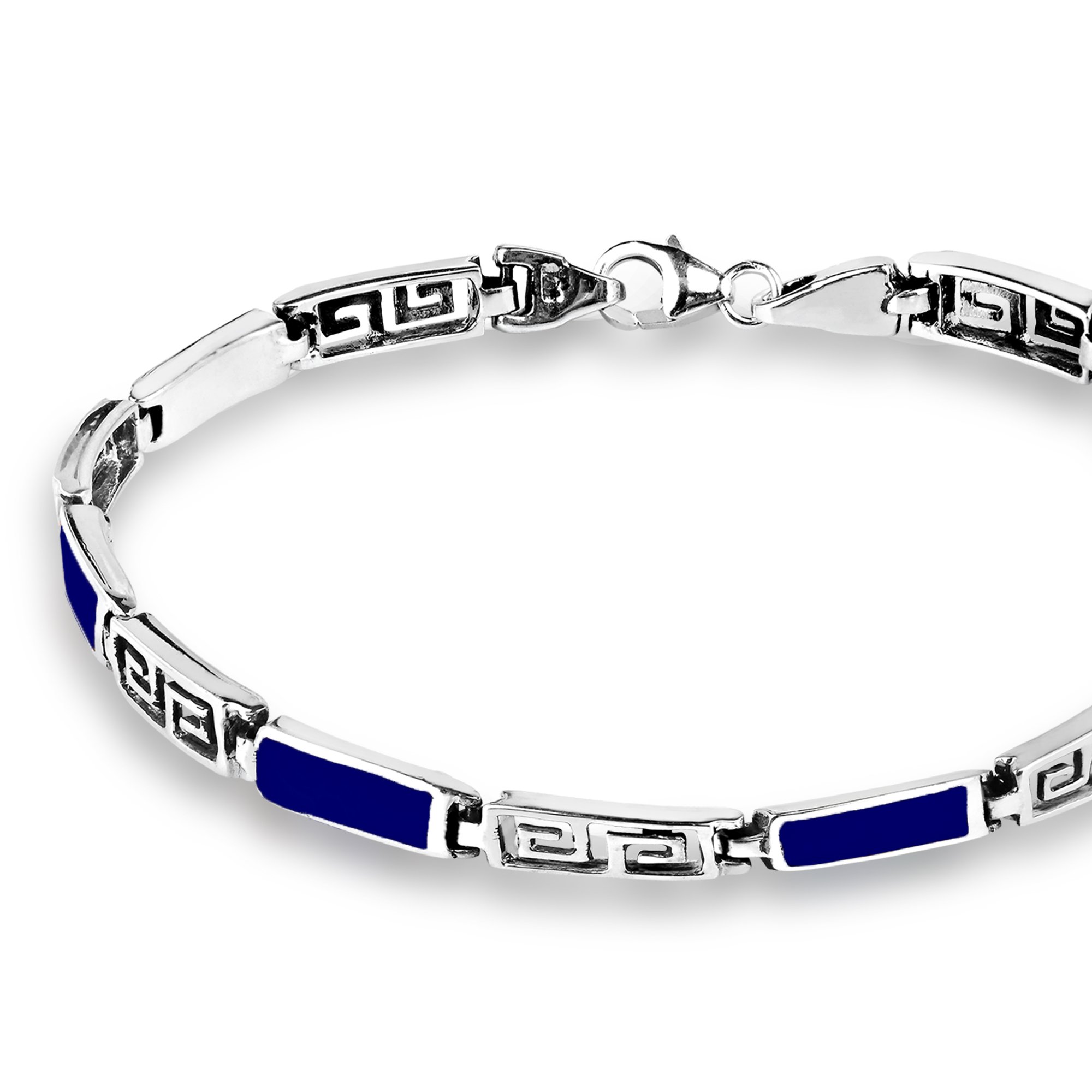 AeraVida Greek Key Labyrinth Simulated Blue Lapis-Lazuli Inlay .925 Sterling Silver Link Bracelet